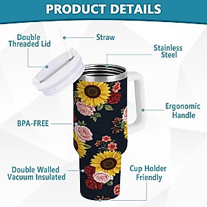 Jihqo Dark Sunflowers and Roses 40 oz Stainless Steel Vacuum Insulated Tumbler with Handle and Straw Lid, Leakproof Water Bottle Double Wall Travel Mug Coffee Cup, Cupholder Friendly