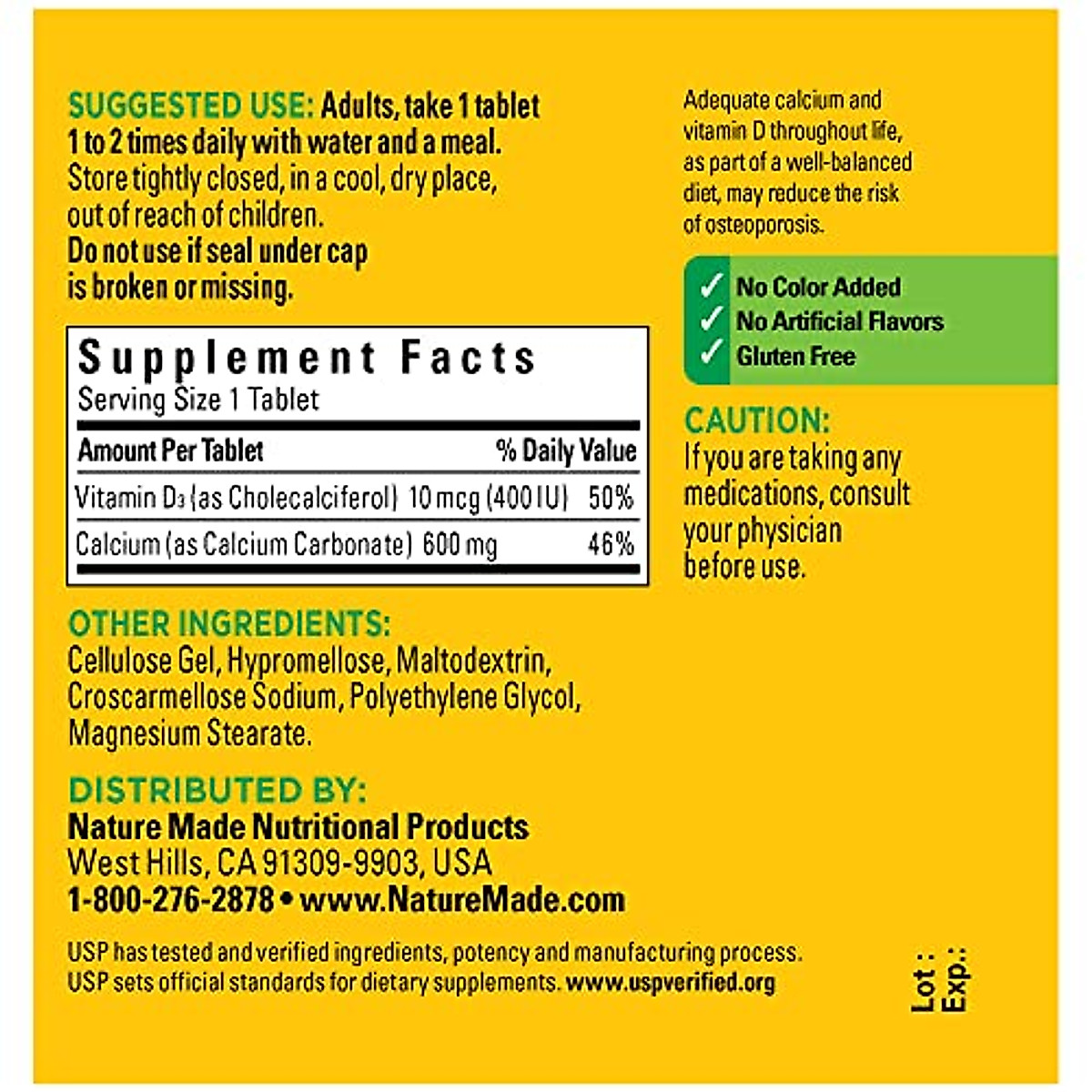 Nature Made Calcium 600 mg with Vitamin D3, Dietary Supplement for Bone Support, 60 Tablets