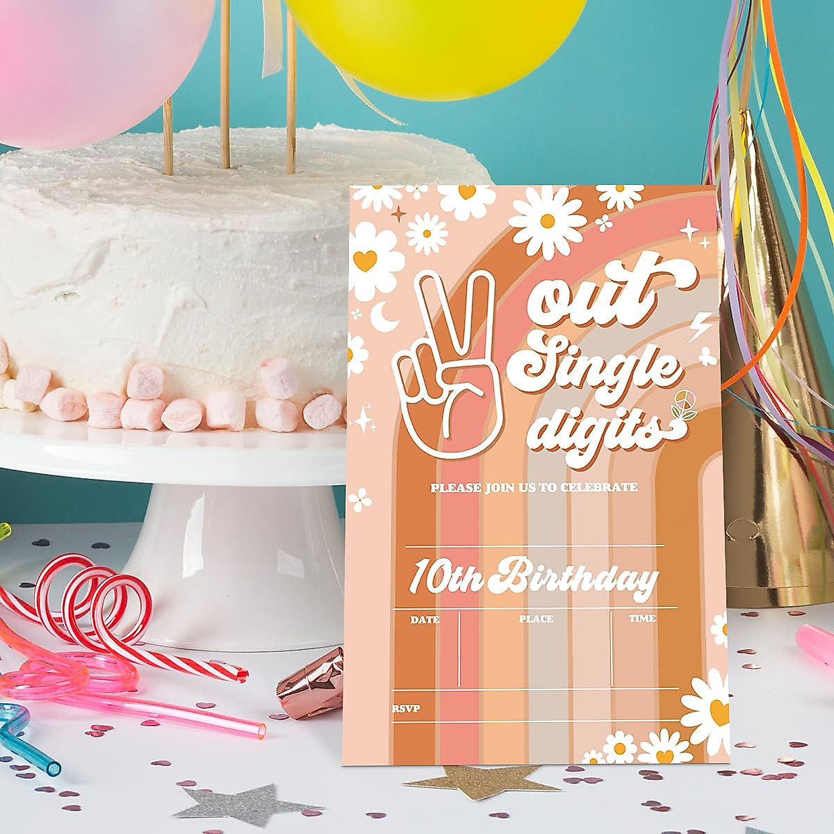 UDNADKEX 10th Birthday Invitations Girl Groovy with Envelopes, Invites for Girls Out Single Digits Birthday Party Daisy Rainbow, Hippie Retro Birthday Party Invitations Cards, 4"x6" Set of 20