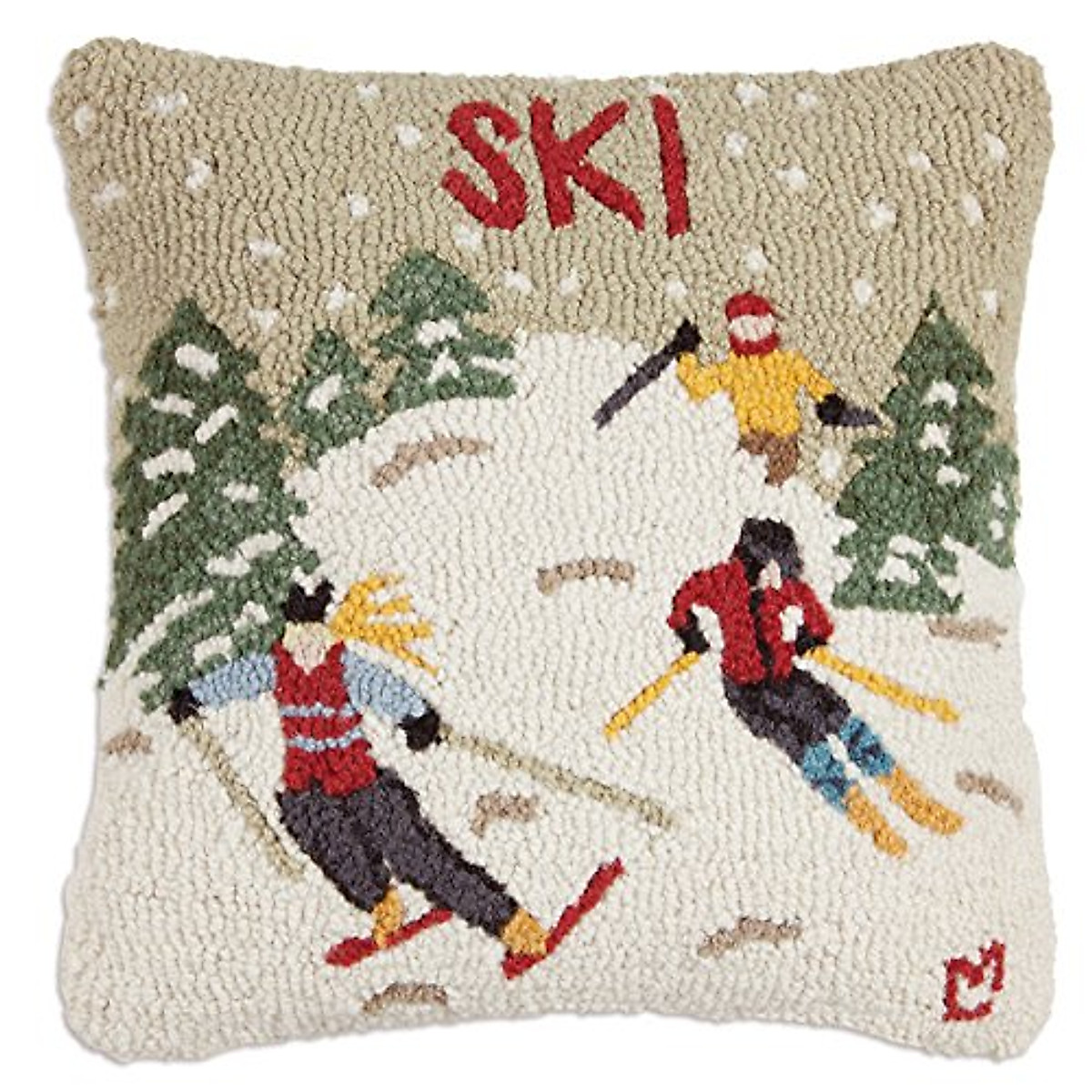 Chandler 4 Corners Artist-Designed Ski Hand-Hooked Wool Decorative Throw Pillow (18” x 18”) Ski Pillow for Couches & Beds - Easy Care & Low Maintenance - Square Winter Pillow for Cabins & Lodges