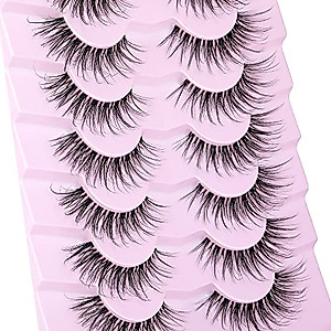 Lashes Natural Look False Eyelashes Wispy Fluffy Lashes Mink Long Curly Fake Eyelashes Cat Eye Lashes with Clear Band 7 Pairs Pack by GVEFETIEE