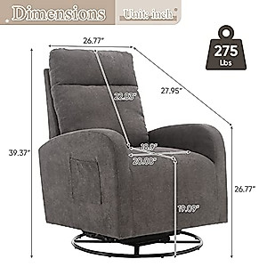Deolme 360 Swivel Accent Glider Rocking Chair, Comfy Tufted Upholstered Glider Rocker for Nursery, Modern Armchair with Tall Back and Side Pocket for Living Room, Bedroom (Dark Gray)