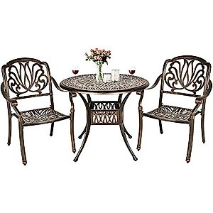 Grepatio 3 Piece All Weather Cast Aluminum Dining Set - 2 Elizabeth Chairs and 35.4" Bistro Table with Umbrella Hole -Outdoor Furniture Dining Set for Patio