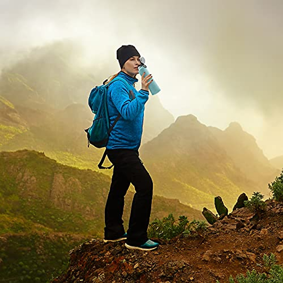 Oggi Summit Vacuum Insulated stainless steel bottle - Olive, 19 oz, with flip top lid and easy grip carrying handle for hot and cold beverages.