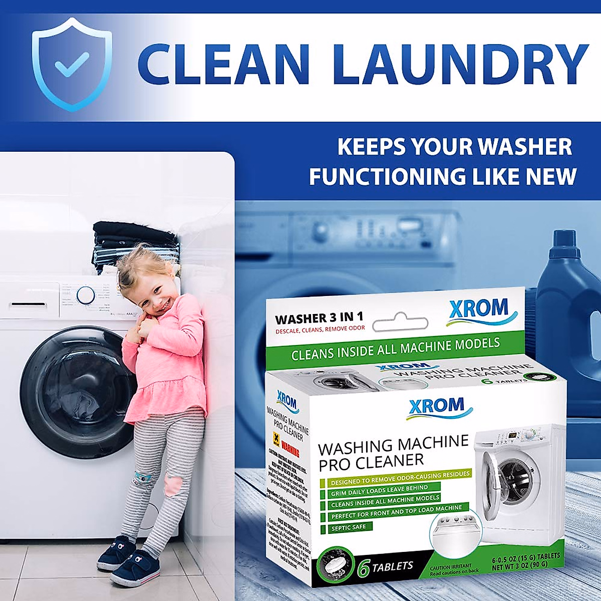 XROM Plant Based, Washer Cleaner 3 in 1 Formula, Removes Odors, Limescale & Detergent Build-Up, Removes Hard Water Stains, For Front and Top Load, 6 Per Pack (Original)