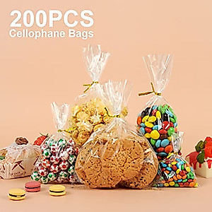 Artby7 Easter Gift Bags 200 Pcs 6x10 Inch Clear Cello/Cellophane Easter Bags for Candy, Card, Stickers, Treat, Bakery, Cookie, Candies, Dessert, Party Favors with Gold Twist Ties