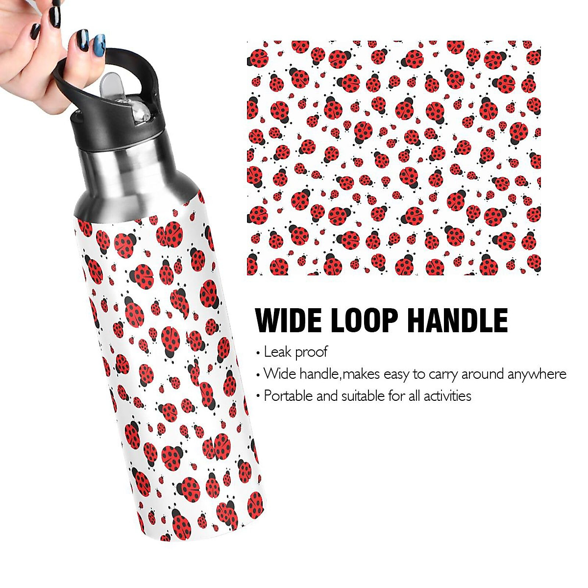 Ladybugs Pattern Insulated Water Bottle with Straw, Stainless Steel Sports Water Bottles, Double Wall Vacuum, Leakproof, BPA-Free 20 oz