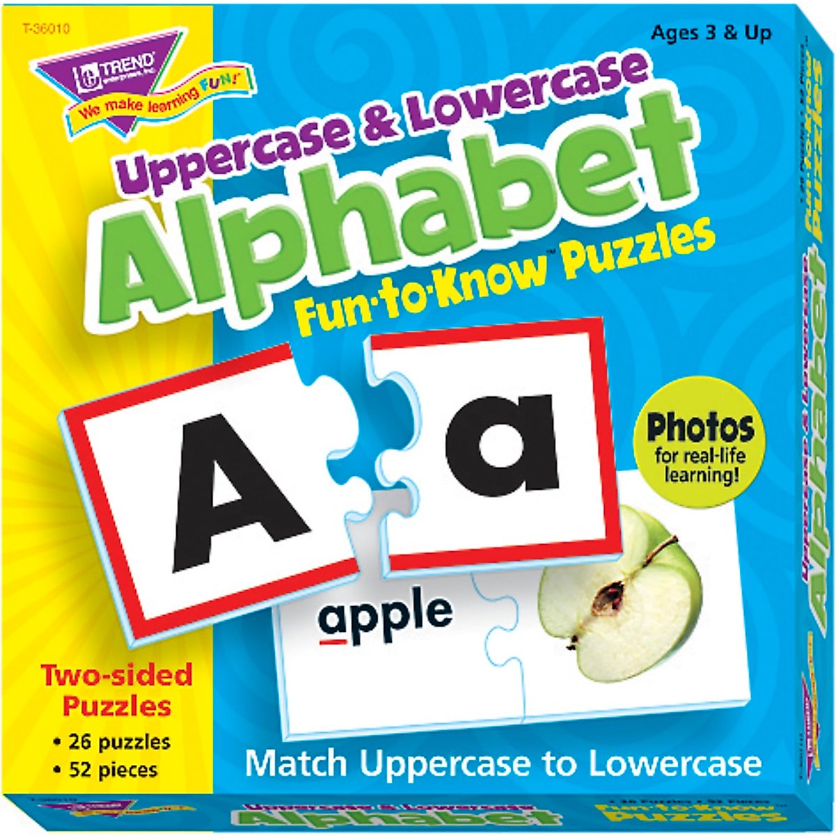 Trend Enterprises: Fun-to-Know Puzzles: Uppercase & Lowercase Alphabet, Learn Letter & Case Recognition, 26 Two-Sided Puzzles, Self-Checking, 52 Puzzles Total, for Ages 3 and Up