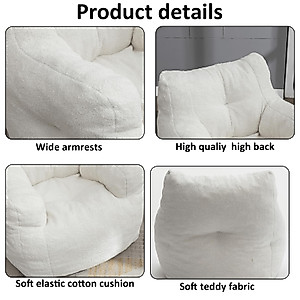 Hison Bean Bag Chairs for Adults and Kid Teddy Fabric Fluffy and Lazy Sofa Filled with Memory Sponge BeanBag Sofa with Armrests for Living Room,Bedroom(White)