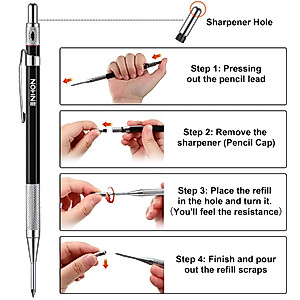 Enhon 2 MM Carpenter Pencils Set with 12 Marker Refills and Sharpener, Mechanical Carpenter Pencil Woodworking Marking Tool Solid Deep Hole Construction Pencil, Extended Needle-Nose Tip (Black)