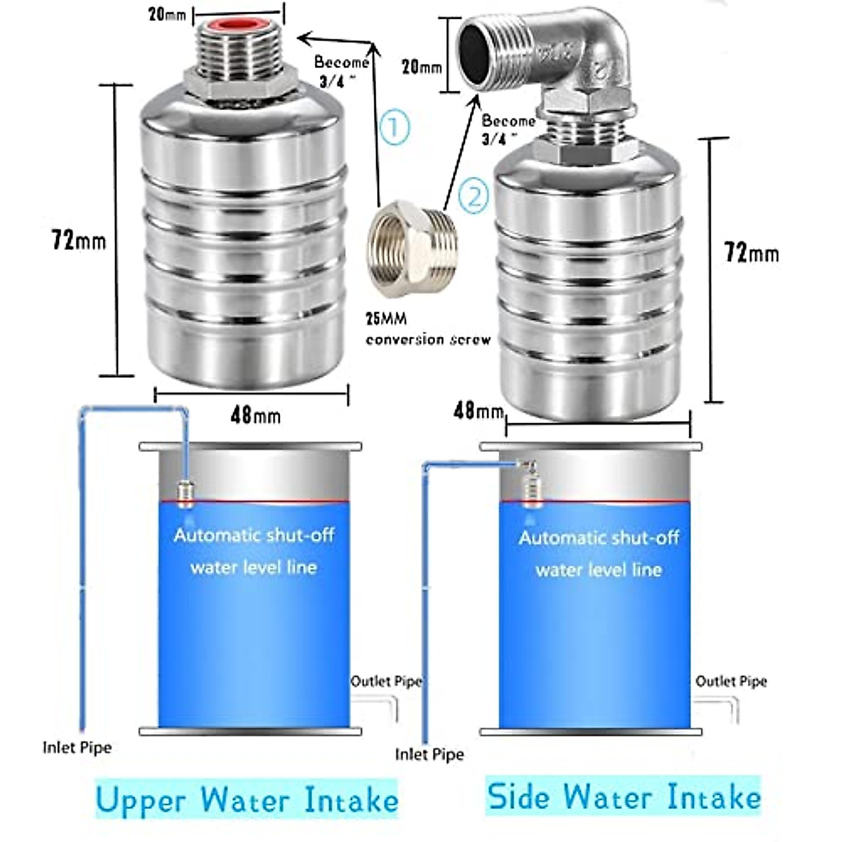 Automatic Water Level Control Valve Float Valve, 1/2" 3/4'' Auto Fill Shut off Water Tank Float Ball Valve, 304 Stainless Steel Float Valve for Water Tank (1/2''Male Thread)