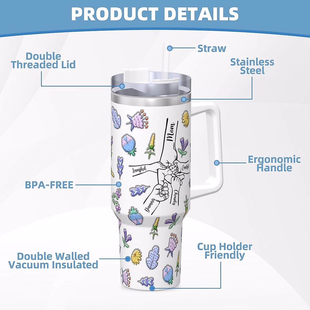 Personalized 40 Oz Stainless Steel Tumbler Best Mom Ever Cup Gift, Custom Name 3D Inflated Effect Travel Mug, Birthday Valentine's Day Coffee Mug for Mom Nana Mothers Day Gifts for Mom,03