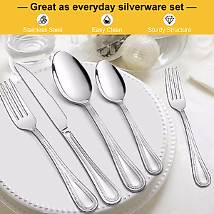E-far 60-Piece Silverware Set for 12, Stainless Steel Flatware Cutlery Set with Pearled Edge, Include Forks Spoons and Knives, Modern Tableware Eating Utensils for Kitchen Restaurant, Dishwasher Safe