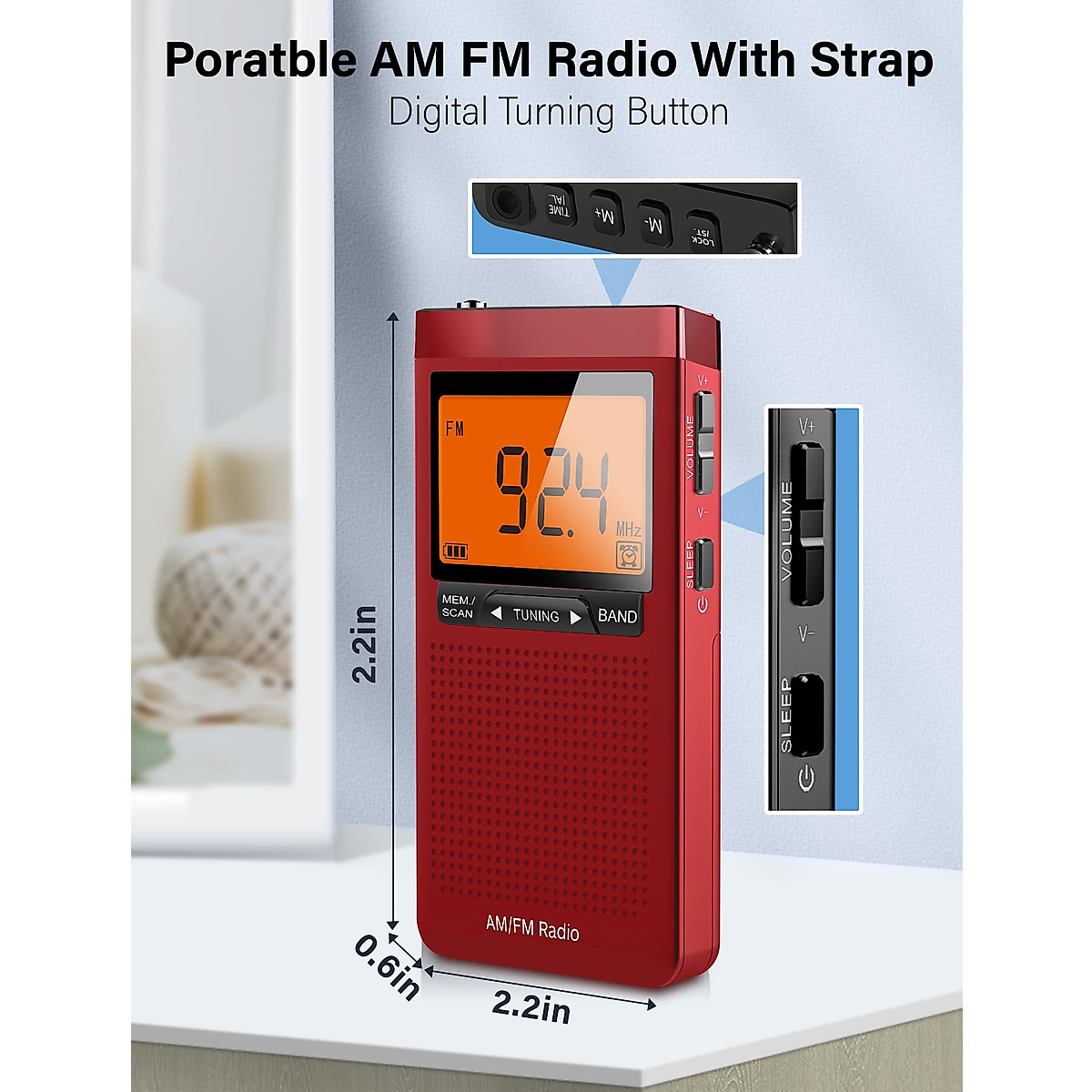 AM FM Portable Radio Personal Radio with Excellent Reception Battery Operated by 2 AAA Batteries with Stero Earphone, Large LCD Screen, Digtail Alarm Clock Radio(Red)