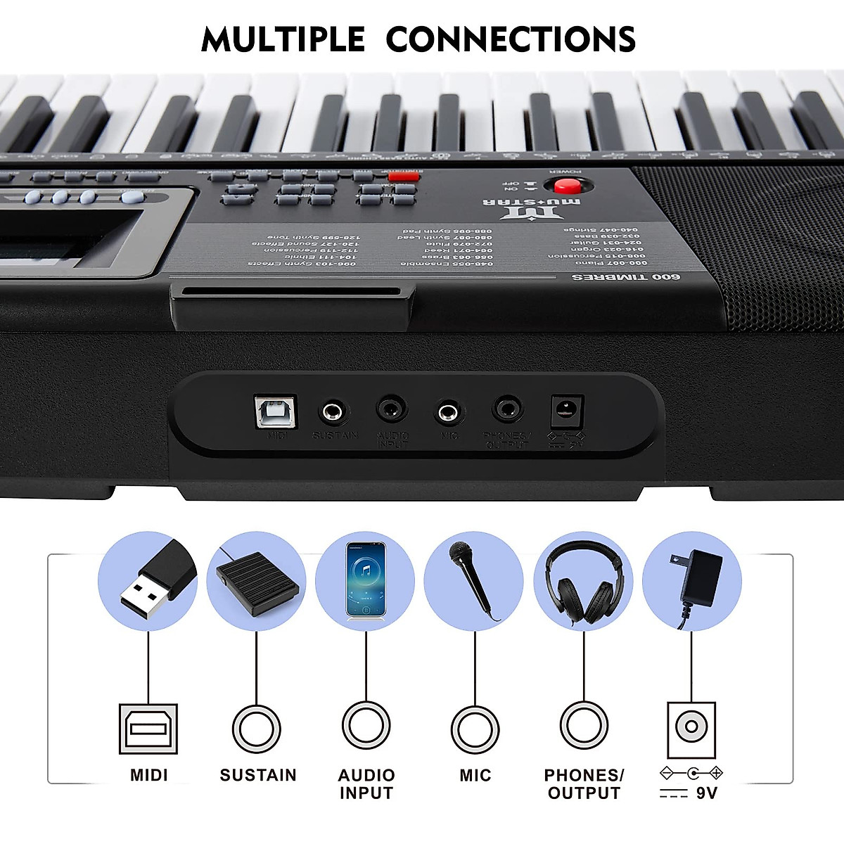 MUSTAR Piano Keyboard, MEKS-500 61 Key Learning Keyboard Piano with Lighted Up Keys, Electric Piano Keyboard for Beginners, Stand, Sustain Pedal, Headphones/Microphone, USB Midi, Built-in Speakers