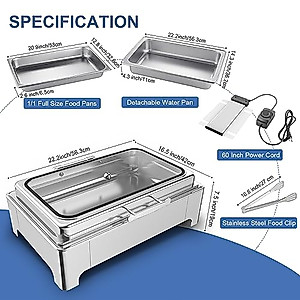 THXSUN Electric Chafing Dish Buffet Set, 9QT Stainless Steel Chaffing Dishes, 400W Buffet Servers and Warmers with Glass Lid, 9 Heating Levels, Food Warmers Chafers for Party Catering (1/1 Full Size)