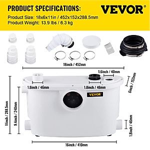 VEVOR Macerator Pump 400W, 4 Inlets for Basement, Kitchen, Toilet, Sink, Shower, Bathtub Waste Water Disposal Upflush Machine, Elevation up to 21ft, White