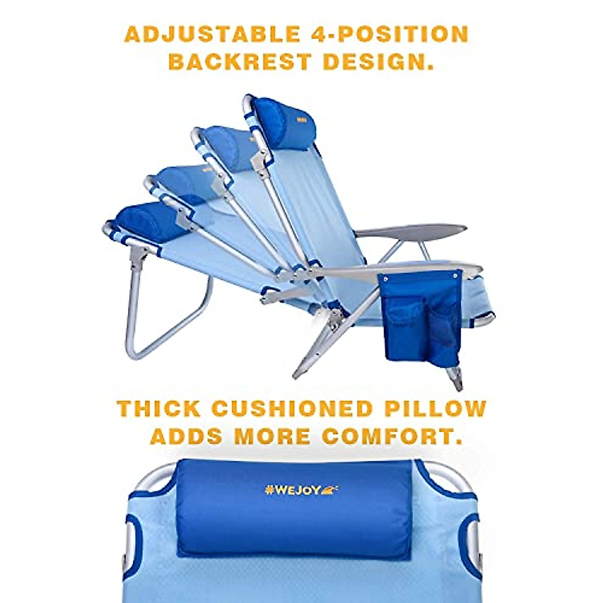 #WEJOY Aluminum Lightweight 4-Position Adjustable Low Seat Folding Beach Chair with Shoulder Strap Cup Holder+Folding Webbed Lawn Beach Chair,High Back Seat Backpack Portable Lightweight Chairs for Ad