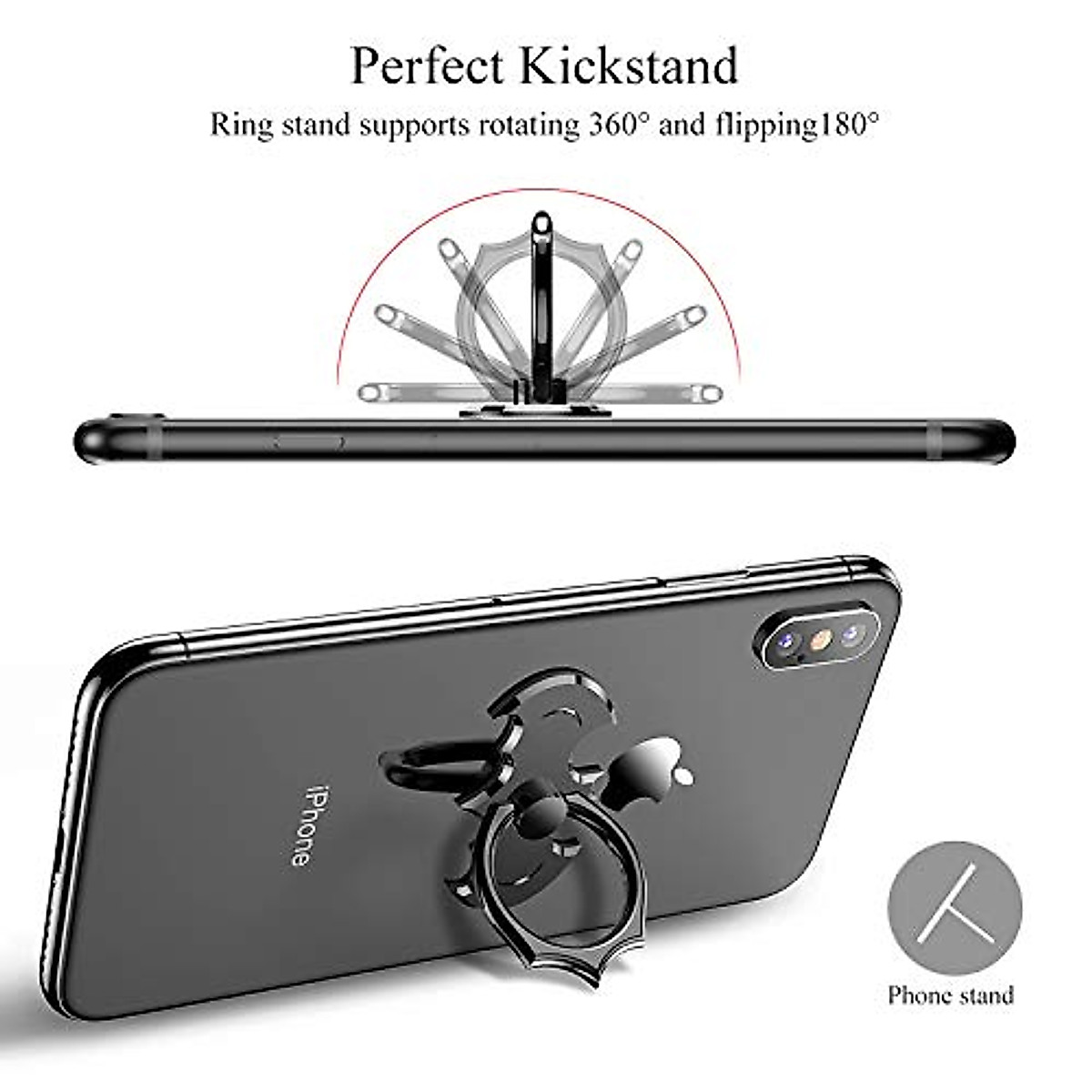 OATSBASF Bat Phone Ring Stand Holder Cell Phone Ring Holder Finger Grip 360 Degree Rotation Compatible with iPhone 12/11 Pro Max/SE 2020 and Other Smartphones（Black+Silver）