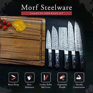 Morf Steelware Professional Damascus Kitchen Knife Set - 5 Piece Chef Knife Collection, Handmade with Steel and Leather Roll - Knife for Chefs and Home Cook