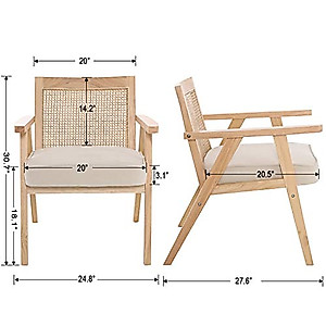 Small Accent Chair, Upholstered Mid Century Modern Accent Chair for Cane Back and Wood Legs, Living Room Chair Side Chair for Bedroom/Reading Room/Balcony/Patio, Beige