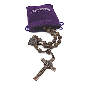 Nazareth Store Sacred St Benedict Wood beads Rosary Solid Wooden Beaded Necklace & Metal Glory Beads Catholic Cross Crucifix