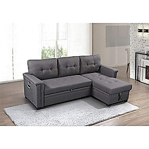 Lilola Home Ashlyn Dark Gray Reversible Sleeper Sectional Sofa with Storage Chaise, USB Charging Ports and Pocket