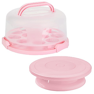 DZ CLAN Cake Carrier, Carrier Cupcake Holder with Cake Turntable, Cake Carrier with Lid and Handle(Pink)