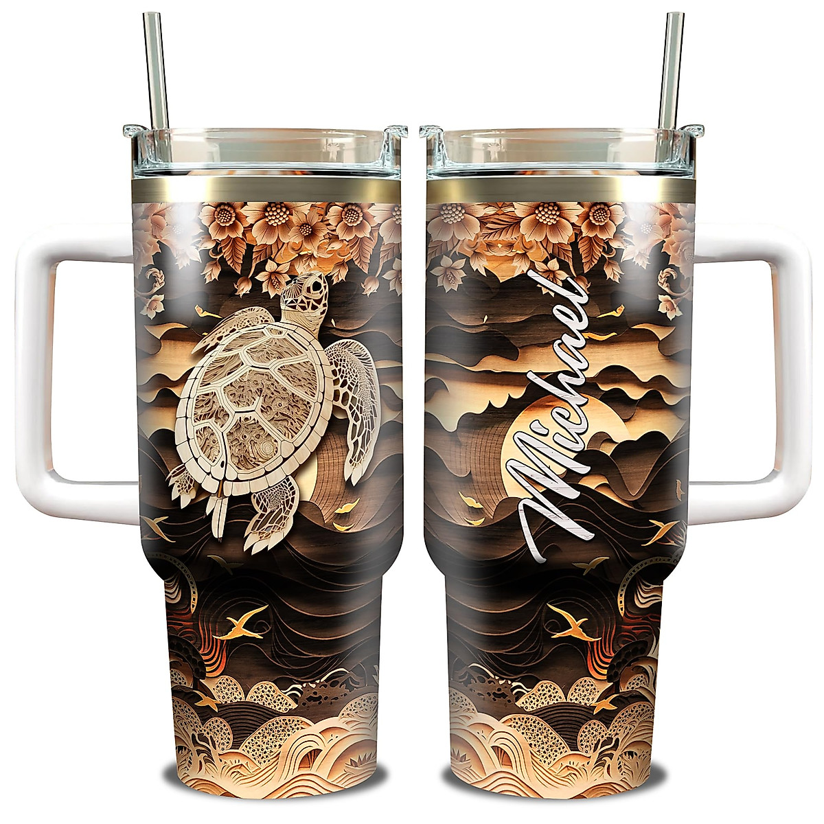 WAZONE Personalized Turtle 40oz Tumbler with Handle and Straw Lid Customized Animal Wooden Drawings Tumblers Stainless Steel Insulated Coffee Travel Mug Custom Gifts for Turtles Lover Men Women