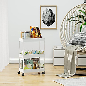 OTK Storage Cart 3 Tier Mobile Shelving Unit Organizer, Utility Rolling Shelf Cart with Wheels for Bathroom Kitchen Bedroom Office Laundry Narrow Places, White