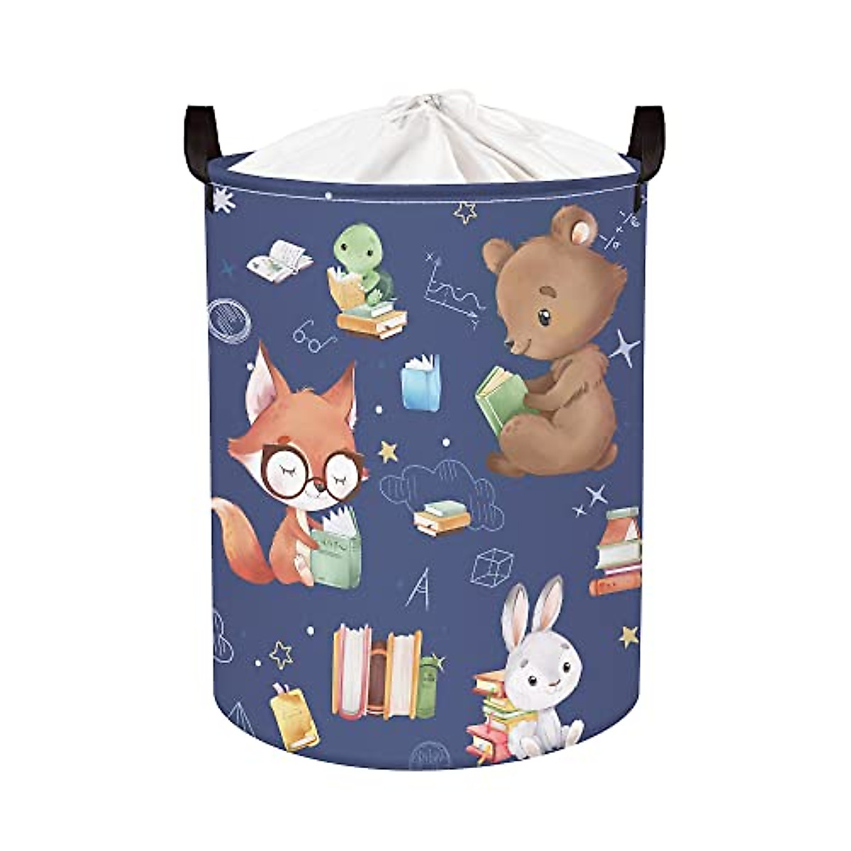 Clastyle 45L Lovely Animals Books Fox Turtle Bear Kids Laundry Hamper Rabbit Deer Koala Blue Round Toy Clothes Storage Basket for Children Room, 14.2x17.7 in