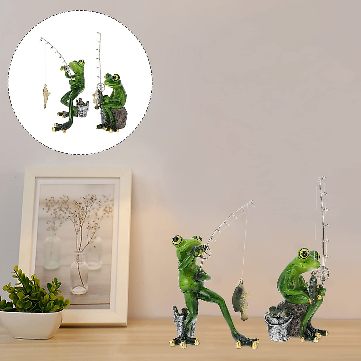 Funny Frog Figurines Garden Statue: Fishing Frog Ornament 2pcs Animal Collectible Figurines Sculpture for Bonsai Yard Table Desk Decor