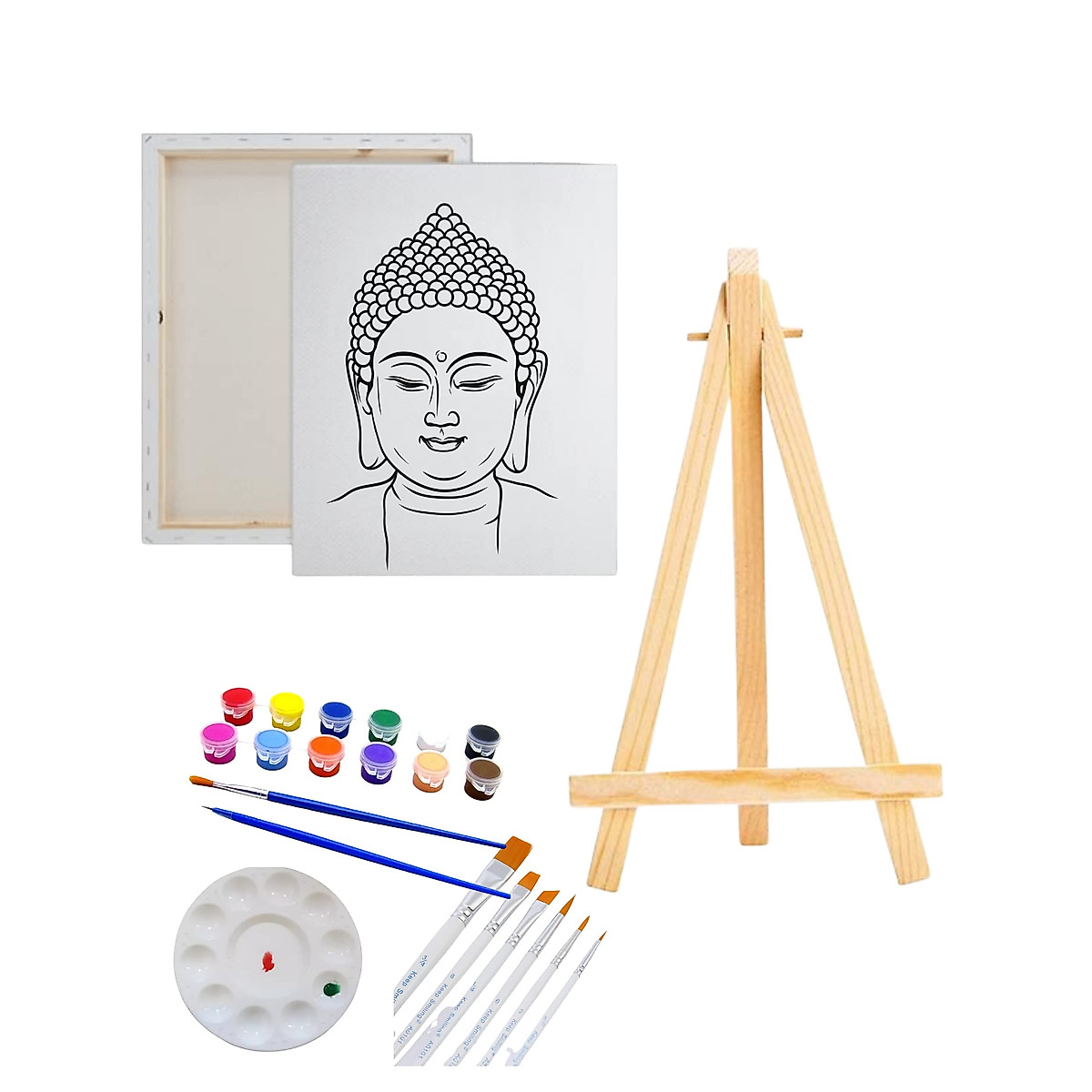 Essenburg Pre Drawn Canvas Buddha Paint Kit | Adult & Teen Sip and Paint Party Favor | DIY Date Night Couple Activity (M 12X16 PAINT. EASLE, 10 PAINT BRUSHES)