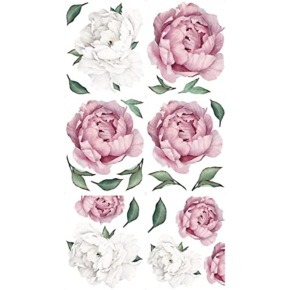 Wonder Space Jumbo Peony Watercolor Wall Decals - Large Size Peonies Flowers Leaves Room Wall Stickers - Scandinavian Design Floral (Pink & White)