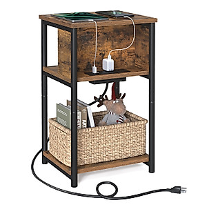 VASAGLE Side Table with Charging Station, 3-Tier End Table with USB Ports and Outlets, Nightstand for Living Room, Bedroom, 11.8 x 13.4 x 22.8 Inches, Plug-In Series, Rustic Brown and Black ULET373B01
