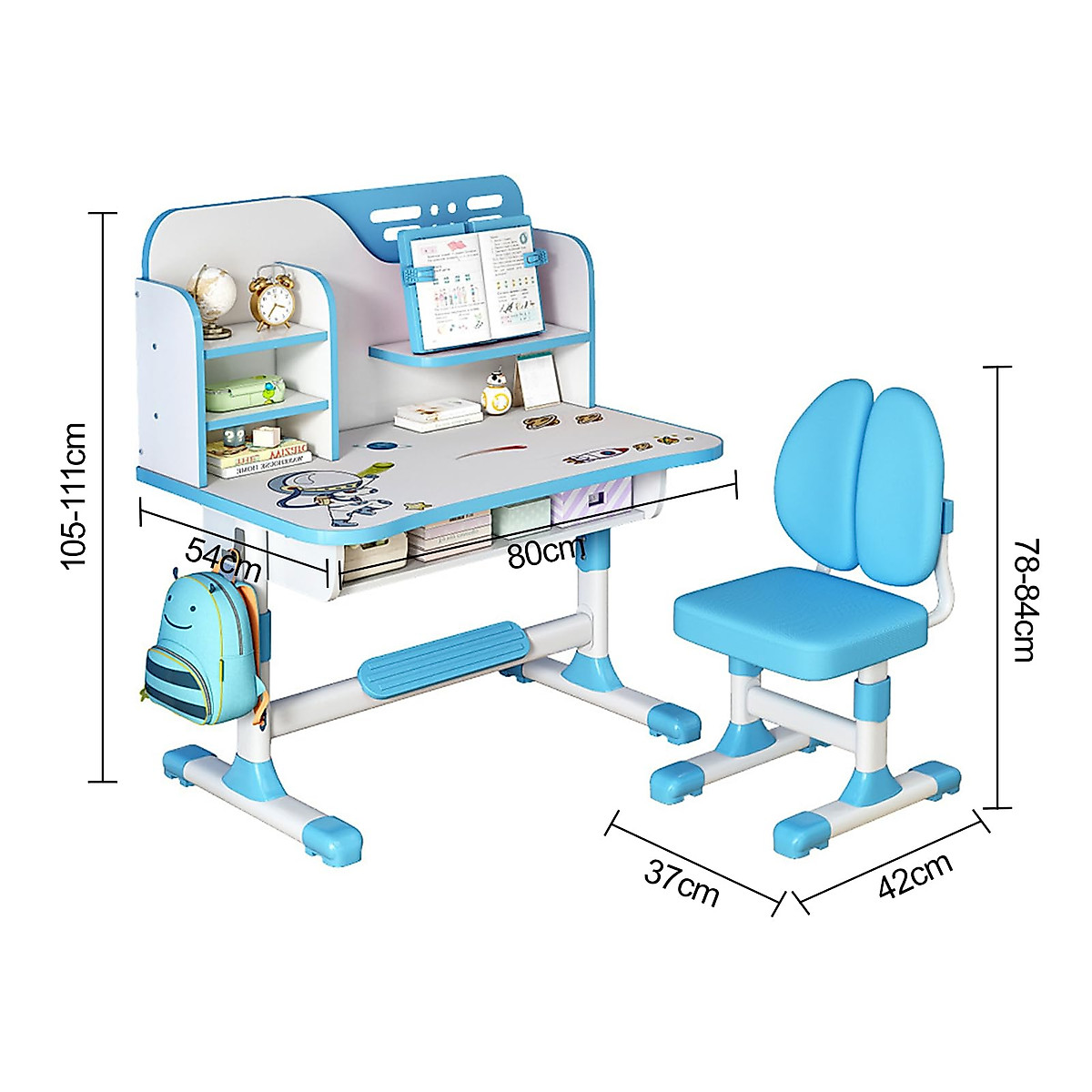 Kids Study Desk and Chair Set, Height Adjustable Kids School Desk, Wood Cartoon Learning Desks, Kids Desk with Storage, Children Study Table with Storage, Large Writing Board, Bookshelf (Blue)