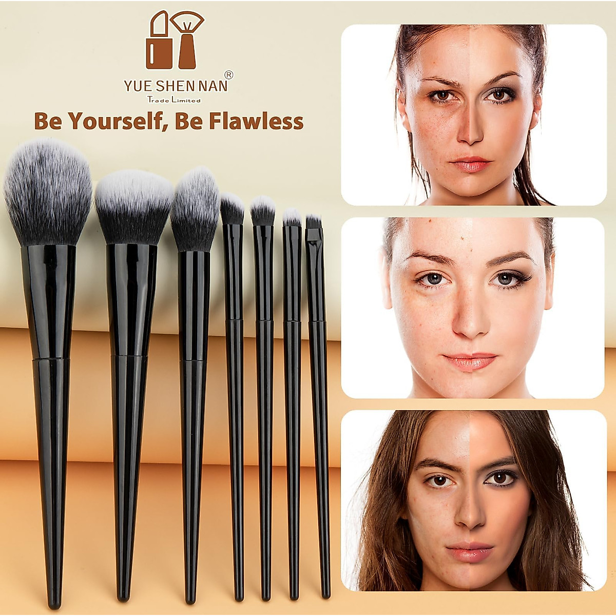 Makeup Brushes, 7Pcs Premium Synthetic Make up Brush Set, Eye Shadow Foundation Powder Blush Silicone Mask Brush Kit, Blending Sponge, Makeup Bag, Professional Beauty Tools.(Black)