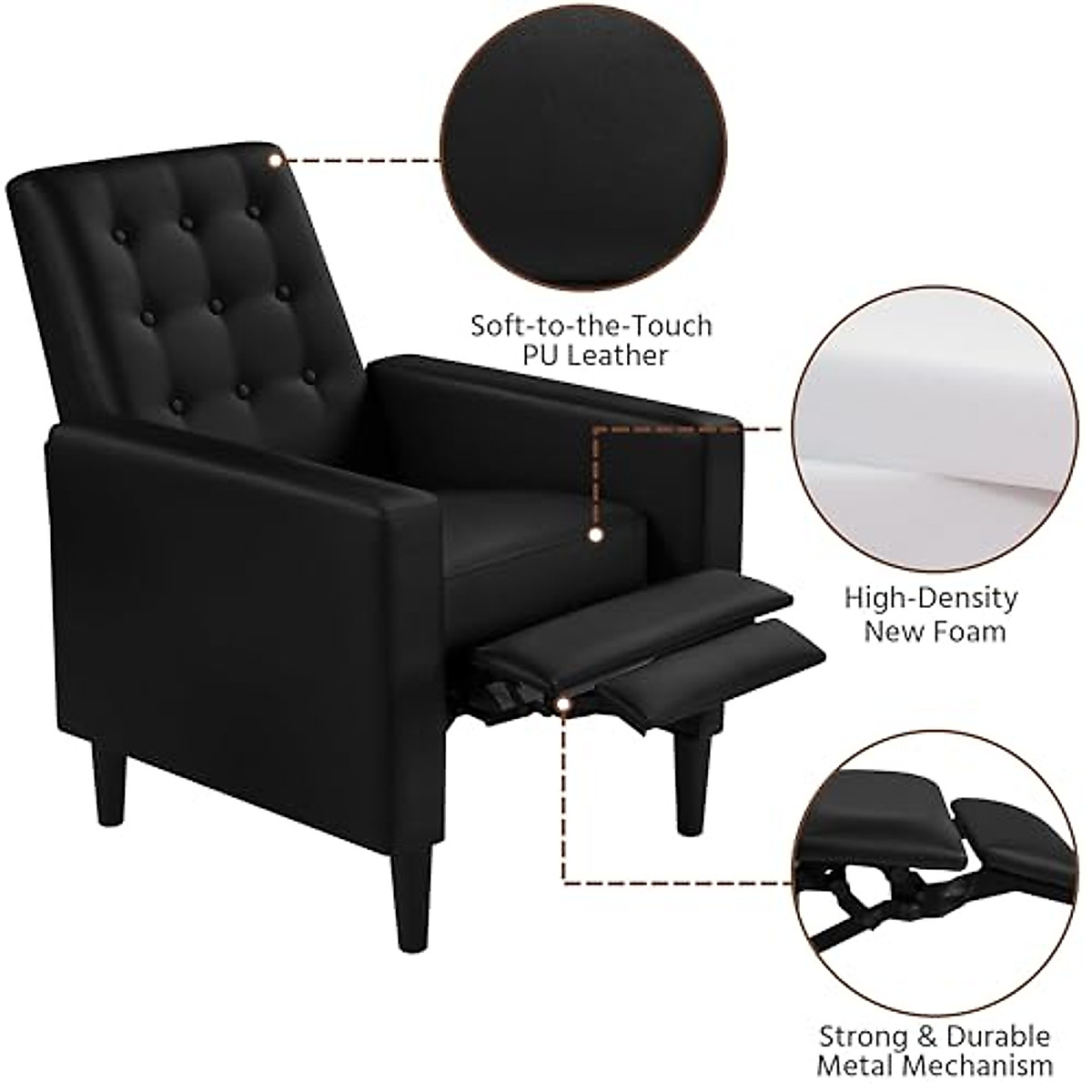 Yaheetech Faux Leather Recliner Sofa Mid-Century Modern Single Reclining Chair Adjustable Back & Footrest Tufted Upholstered Sofa with Pocket Spring Living Room Bedroom Home Theater Black