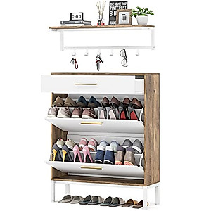 Tribesigns Shoe Cabinet 16 Pairs, Modern Slim 3 Flip Drawers Shoes Rack Storage Organizer with Coat Shelf, White Sneaker Holder Stand with Doors Thin Tipping Shoe Storage Cabinet for Entryway, Hallway