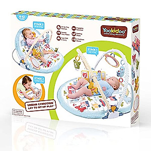 Yookidoo 3-in-1 Urban Baby Gym. Lay-to-Sit Up Play Mat with Tummy Time Pillow and Infant Toys. Easy Fold and Carry. 0-12 Month