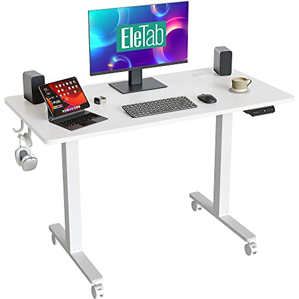 EleTab Standing Desk, 40 x 24 Inch Electric Stand up Height Adjustable Home Office Table, Sit Stand Desk with Splice Board, White Frame & White Desktop