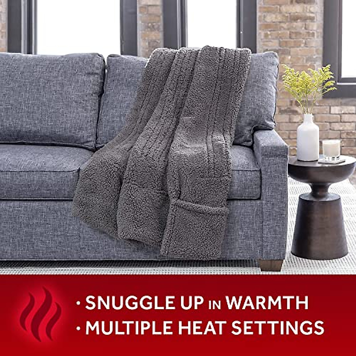 Sunbeam Royal Sherpa Dove Grey Heated Personal Throw / Blanket, Warming Foot Pocket, Cozy-Warm, Adjustable Heat Settings