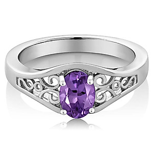 Gem Stone King 925 Sterling Silver Purple Amethyst Jewelry Ring For Women | 0.75 Cttw | Gemstone Birthstone | Oval 7X5MM | Available In Size 5, 6, 7, 8, 9