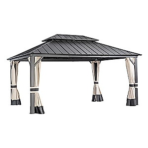 12x16 Outdoor Patio Hardtop Gazebo with Spliced Structure for Easy Assembly,Galvanized Steel Metal Double Roof Aluminum Permanent Frame with Netting and Curtains for Backyard Garden