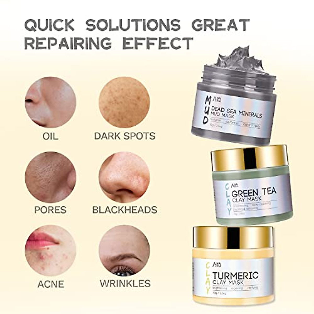 ANAI RUI Turmeric Clay Mask - Green Tea and Dead Sea Minerals, Spa Facial Mask Set for Pore Treatment/Smooth/Clarify, Indoor Use, 2.5 oz each