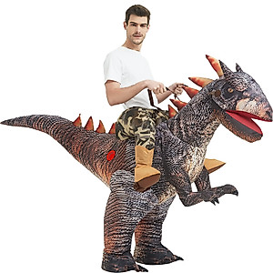 GOOSH Inflatable Dinosaur Costume Riding stegosaurus for Adult Halloween Costume Women Man 72IN Funny Blow up Costume for Halloween Party Cosplay