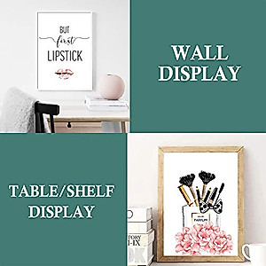 Lodintech Fashion Canvas Wall Art Girls Bedroom Wall Decor Pink Flower Perfume Unframed Art Prints Fashion Posters Living Room Women Office Decorations Red Lip Makeup Brush High Heels Painting (5pcs 8x12'')