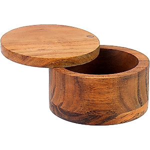 Kaizen Casa Acacia Wood Salt or Spice Box with Swivel Cover perfect for keeping table salt, gourmet salts, herbs or favorite seasonings, close at hand on your countertop.