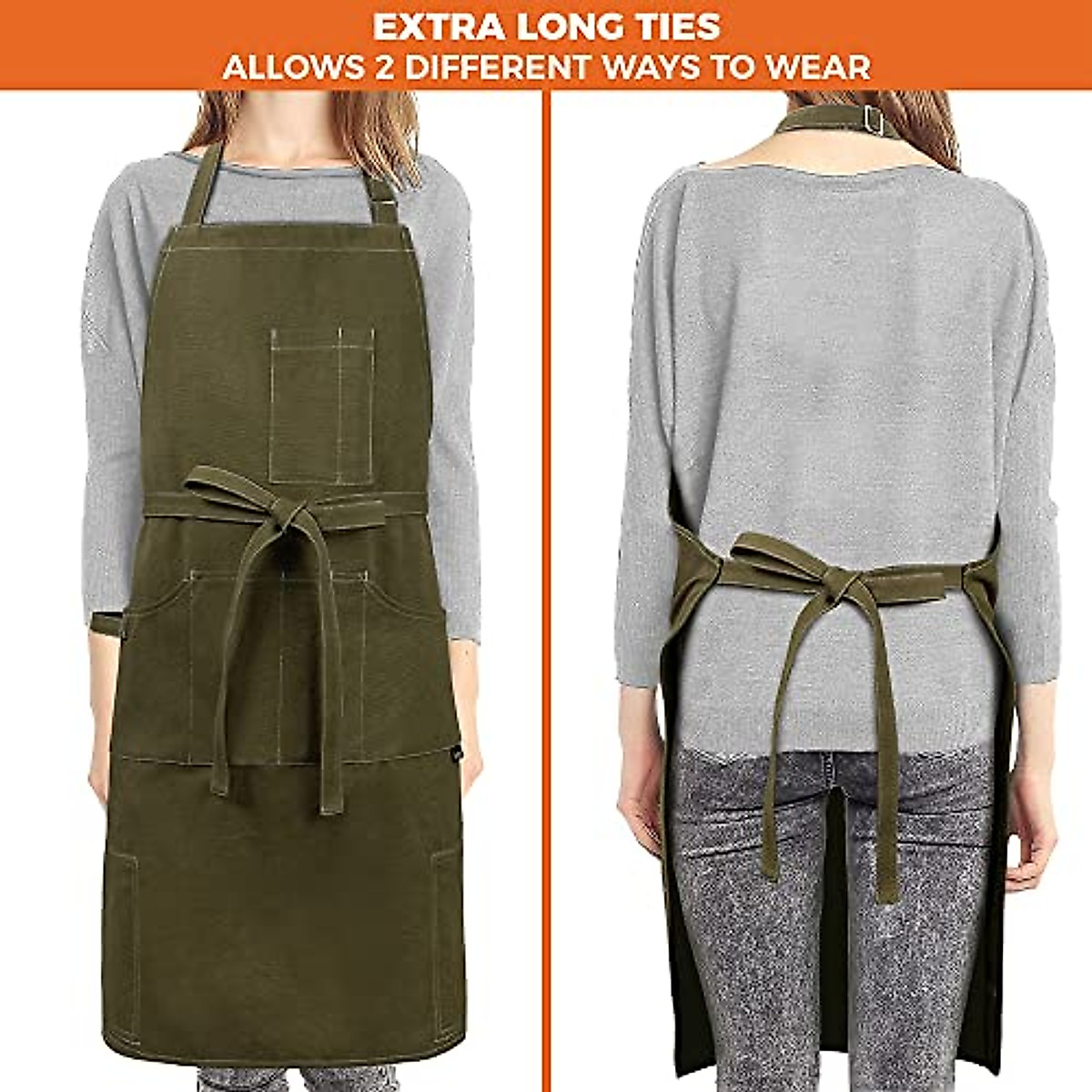 opux Chef Apron for Men, Kitchen Apron with Pockets for Women, Large Unisex Canvas Apron for Cooking Grilling BBQ Baking, Heavy Duty Apron for Work, Olive Green