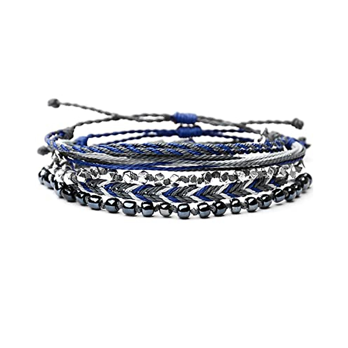 Mezcla Vida Bohemian Starfish Charm Silver Zinc Beaded Waterproof Rope Surfing Bracelets Sets For Women Teen Girls, Beach Handmade String Jewelry (GREY-BLUE)